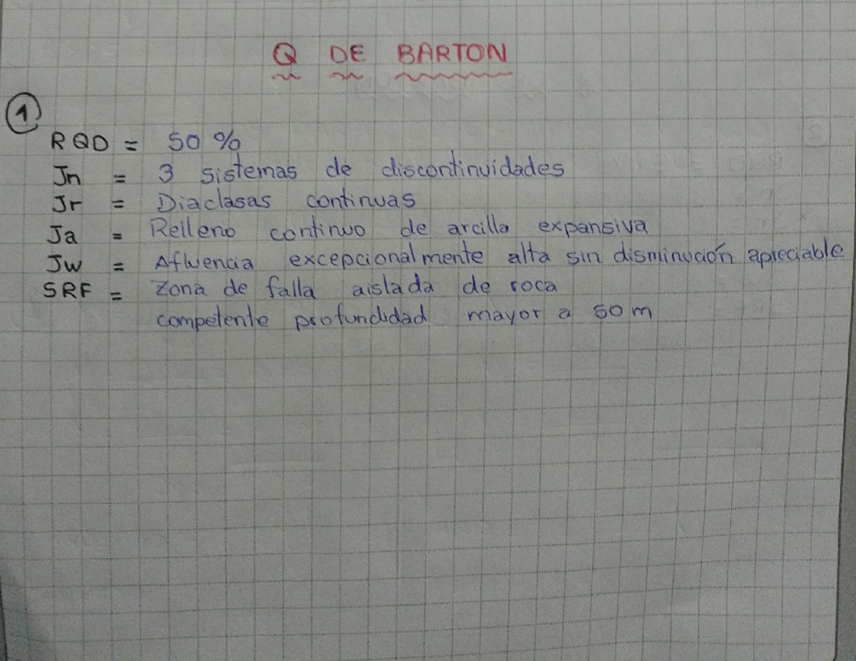 Ejercicios 1 y 2 sobre Clasificaciones Geomecánicas Q de Barton - Studocu