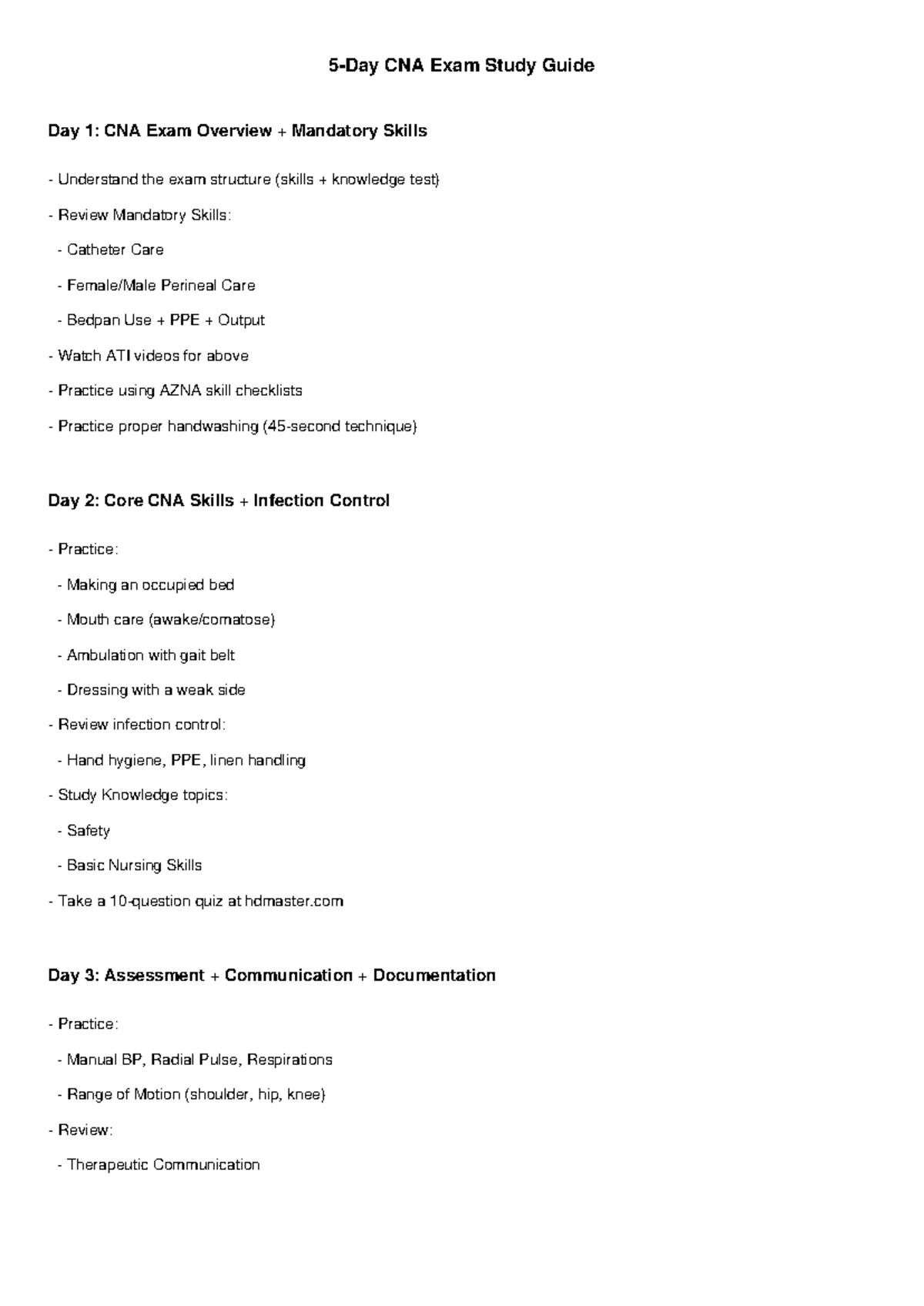 5-Day CNA Exam Study Guide: Skills & Knowledge Review - Studocu