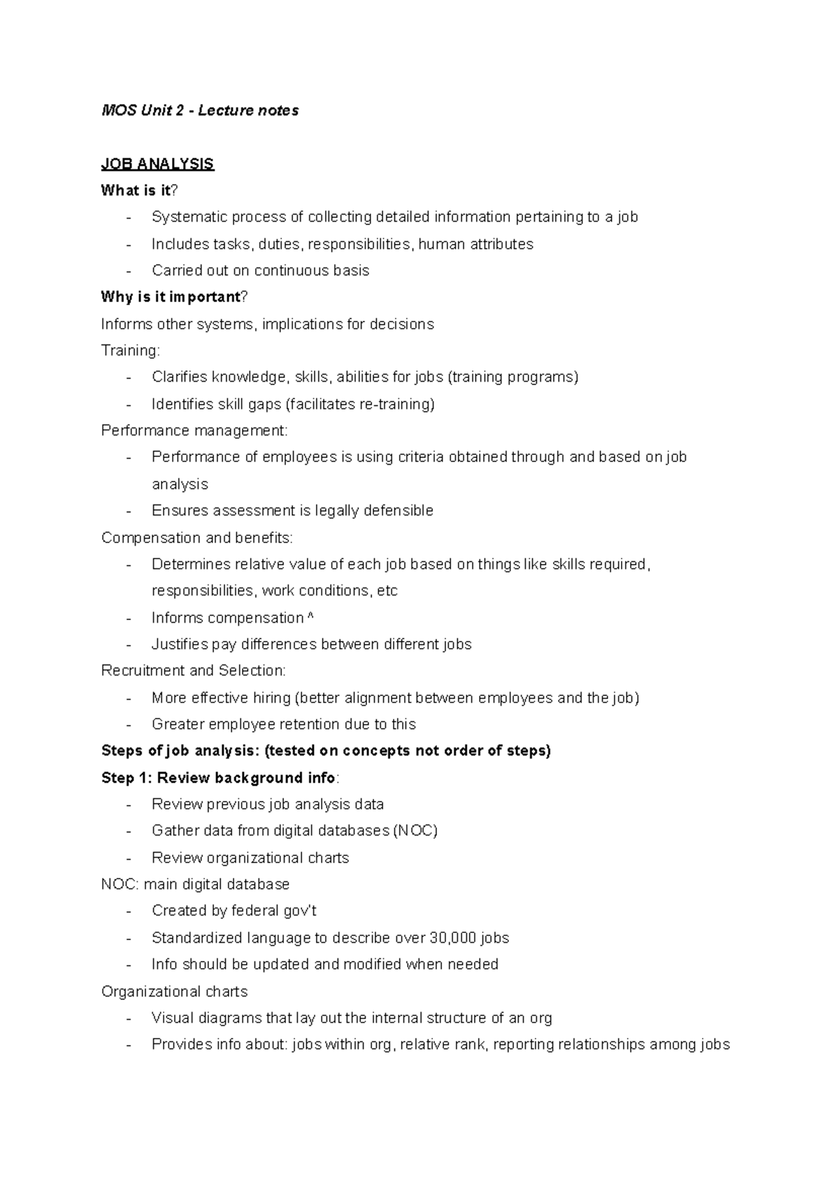 MOS Unit 2 Lecture Notes: Job Analysis and Job Design Insights - Studocu