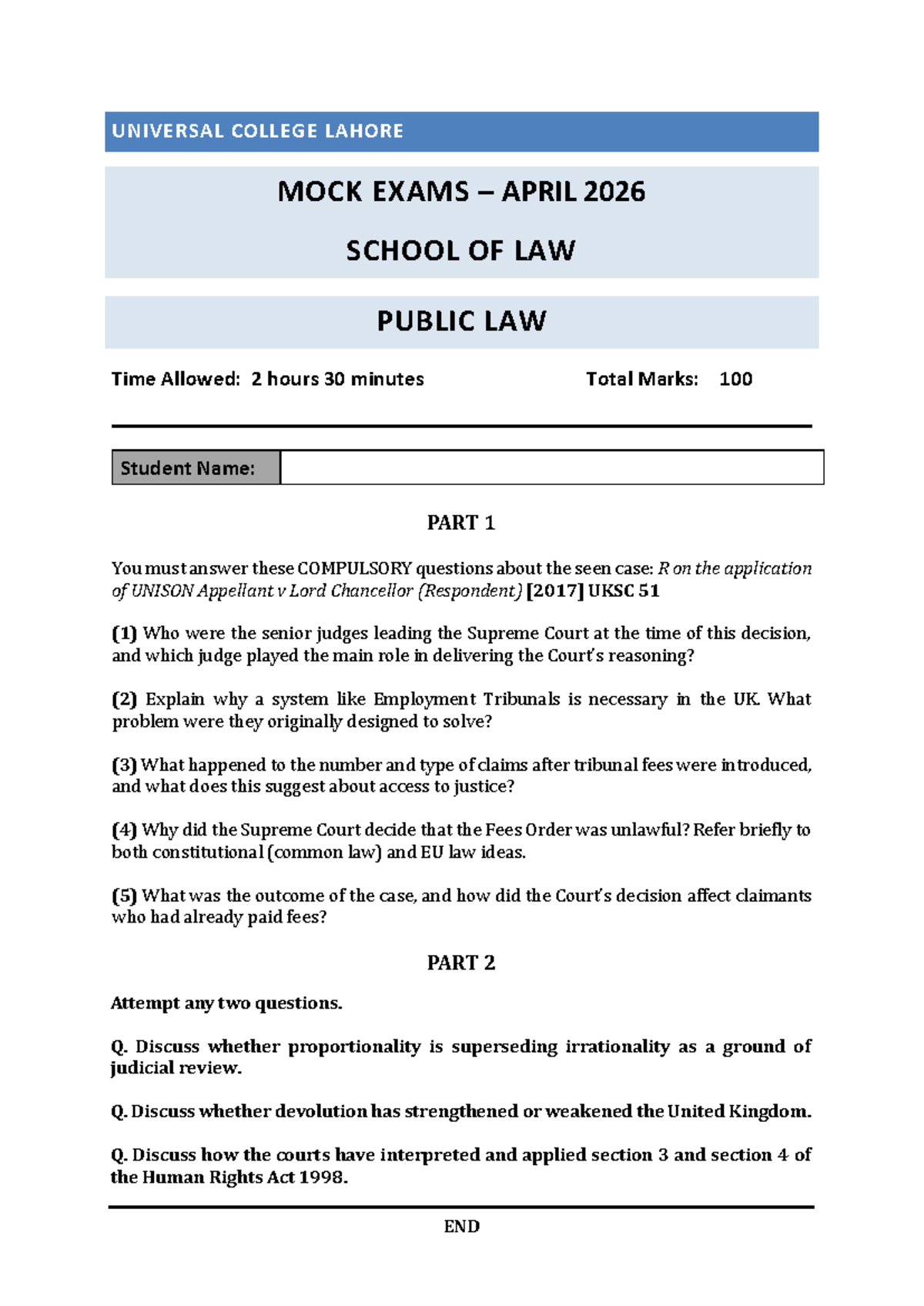 LAW 101 Mock Exam Practice - Public Law April 2026 - Studocu