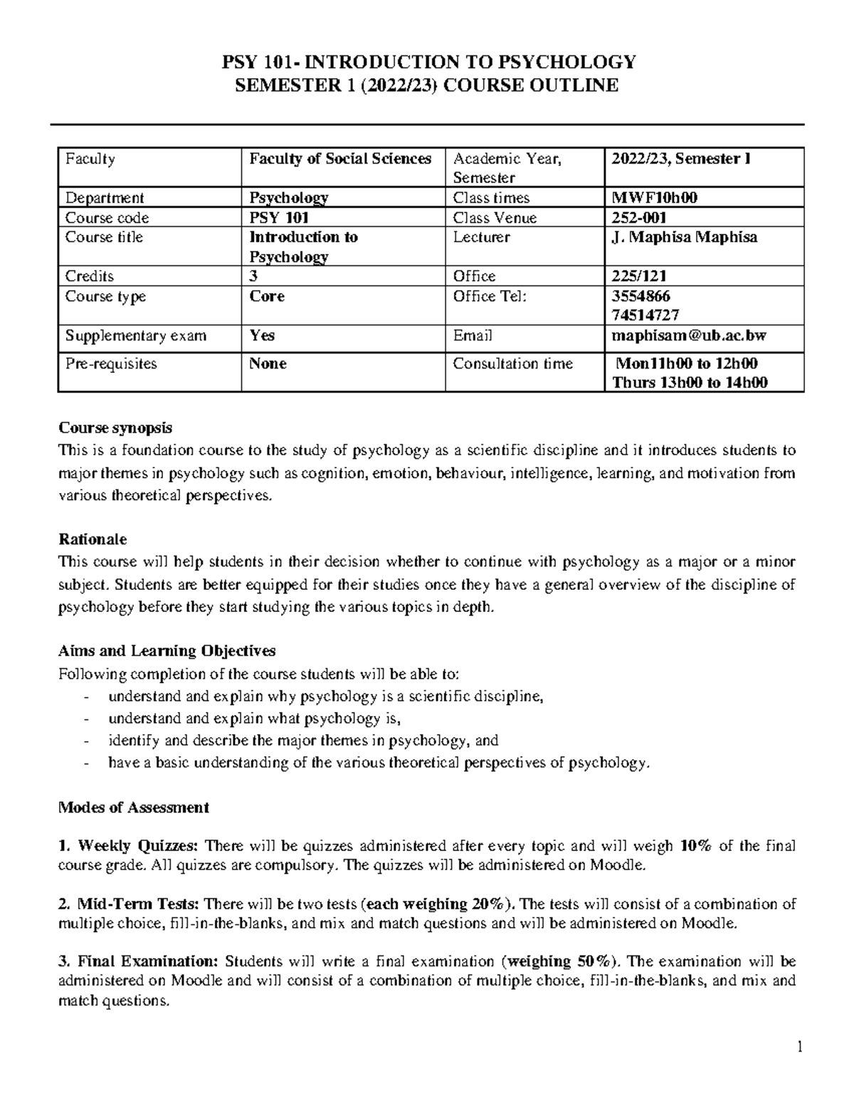 PSY 101 Course Outline 2022 - PSY 101- INTRODUCTION TO PSYCHOLOGY SEMESTER 1 (2022/23) COURSE ...