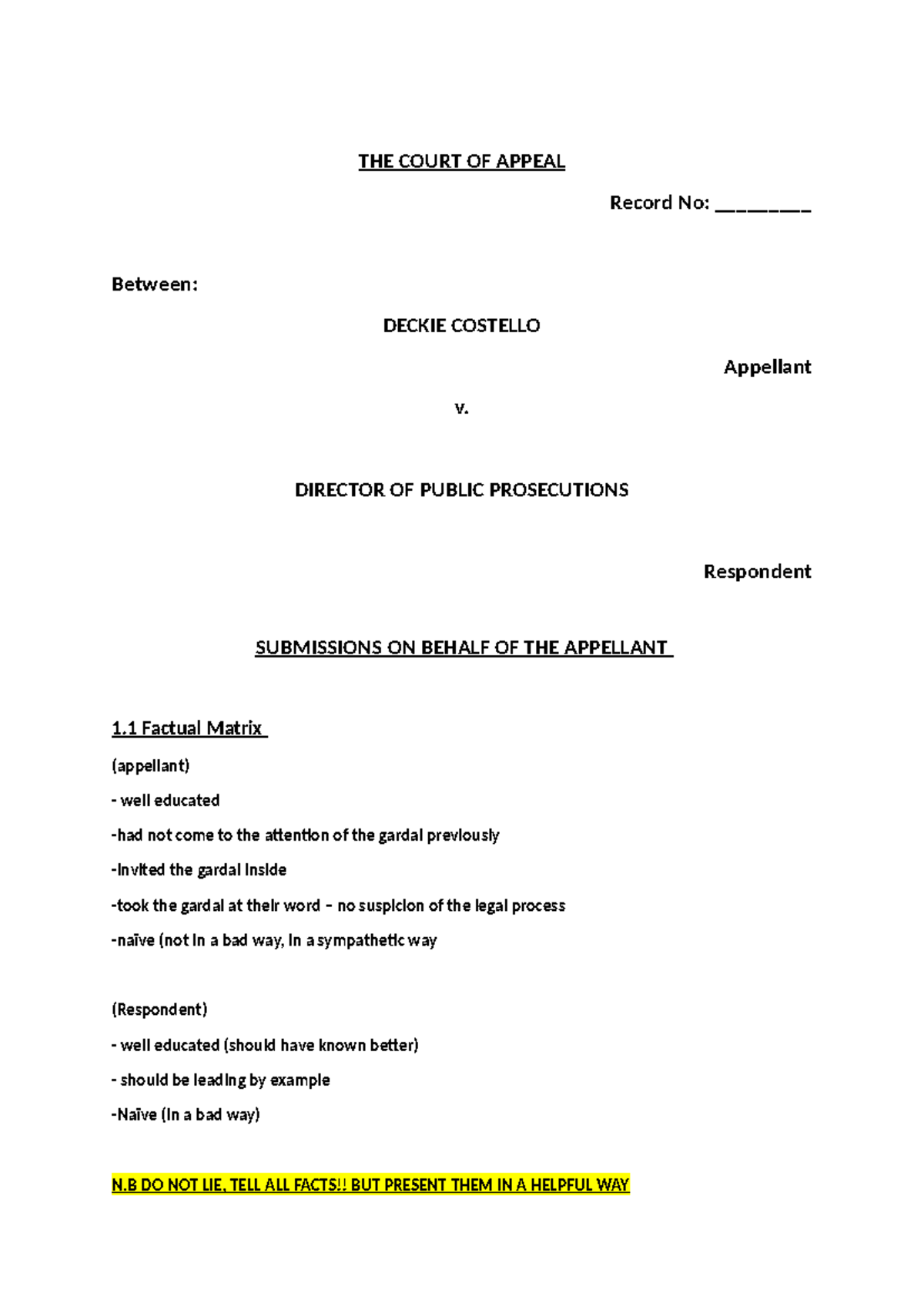 Court of Appeal Submission Template - Deckie Costello v. DPP - Studocu