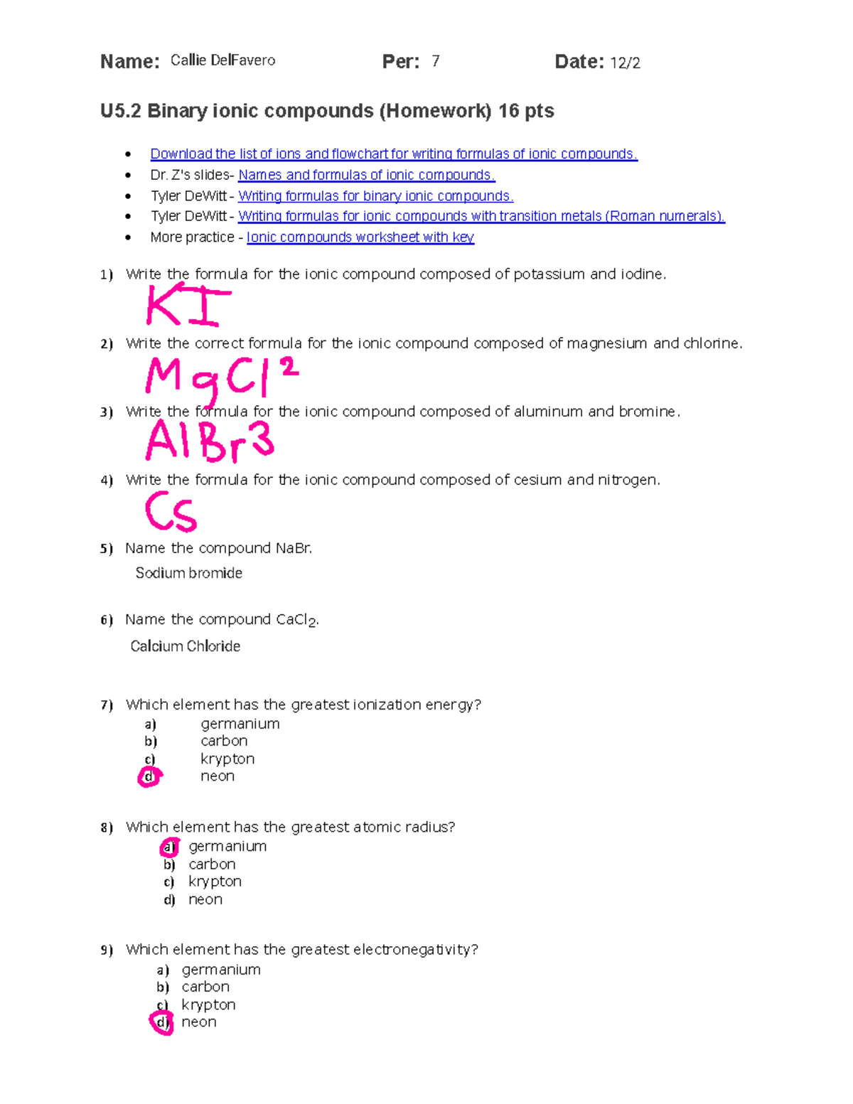 HWK U5.2: Writing Formulas for Binary Ionic Compounds - Studocu