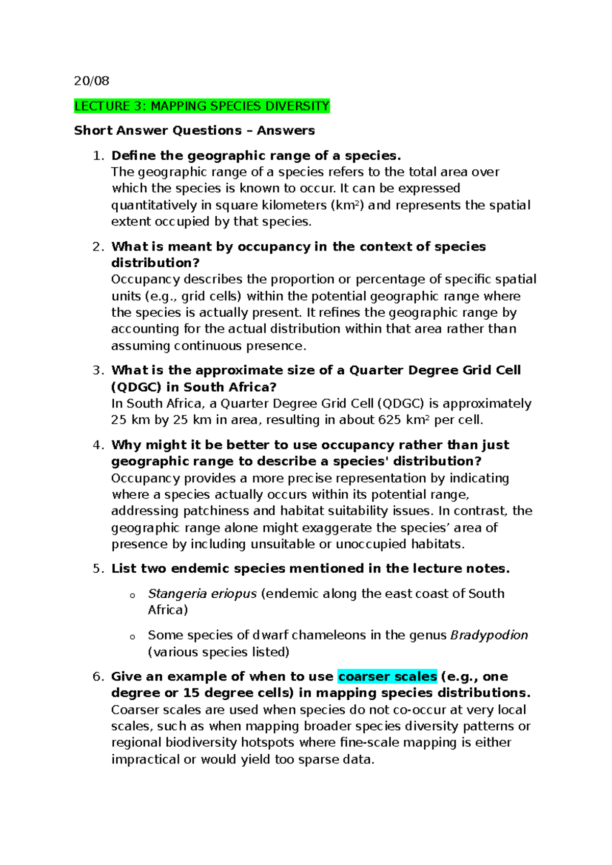 ENVS314 LECTURE SUMMARY: SPECIES DIVERSITY, SPECIATION & EXTINCTION ...