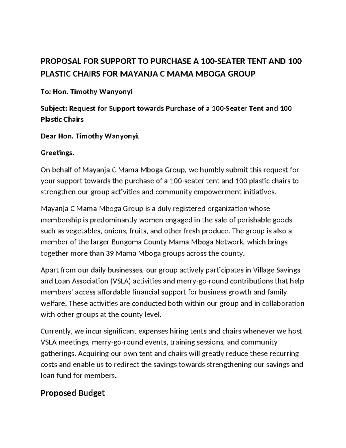 MAMA Mboga Proposal for Tent & Chair Purchase Support - Studocu