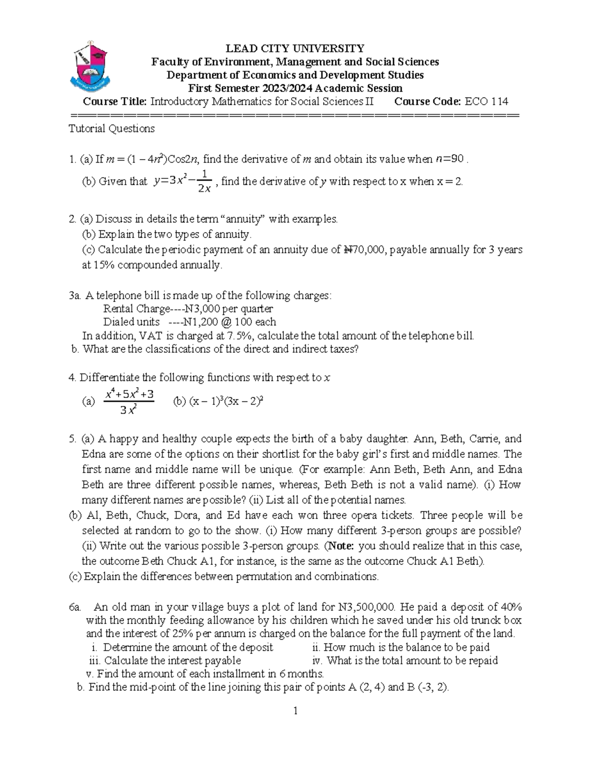 ECO 114 Introductory Mathematics for Social Sciences II Tutorial Questions - Studocu