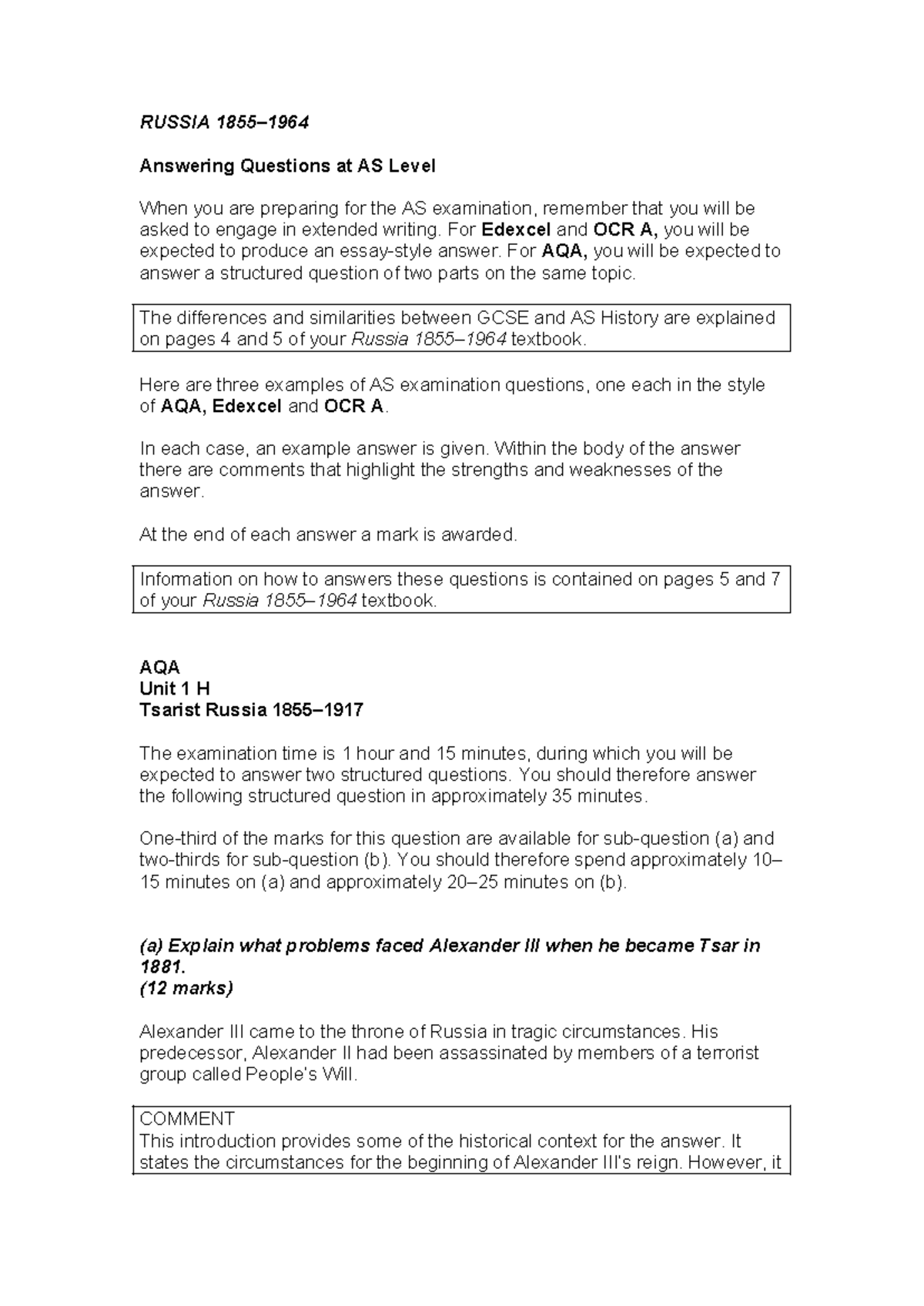 AS Level Russia 1855-1964 Exam Sample Answers & Analysis - Studocu