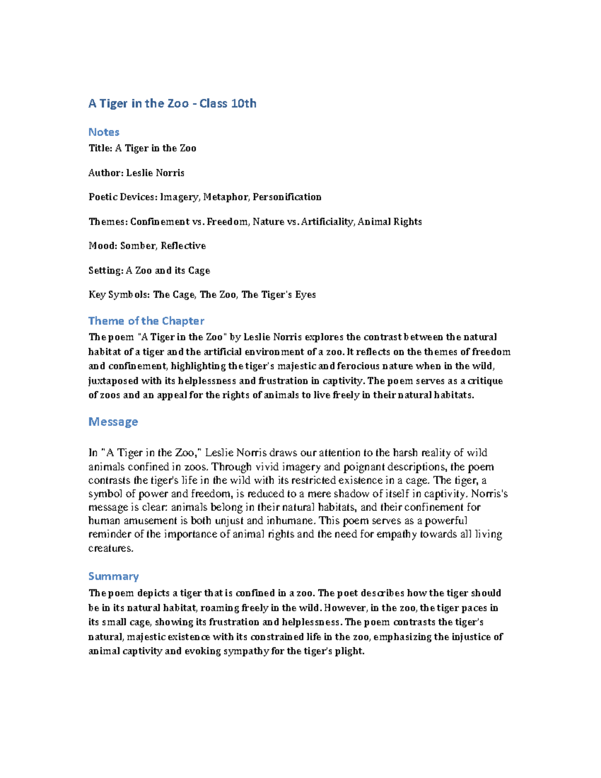Class 10th Notes: A Tiger in the Zoo - Themes & Analysis - Studocu