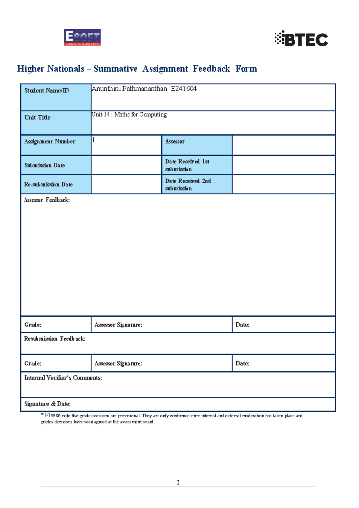 Unit 14: Maths for Computing - Summative Assignment Feedback Form - Studocu