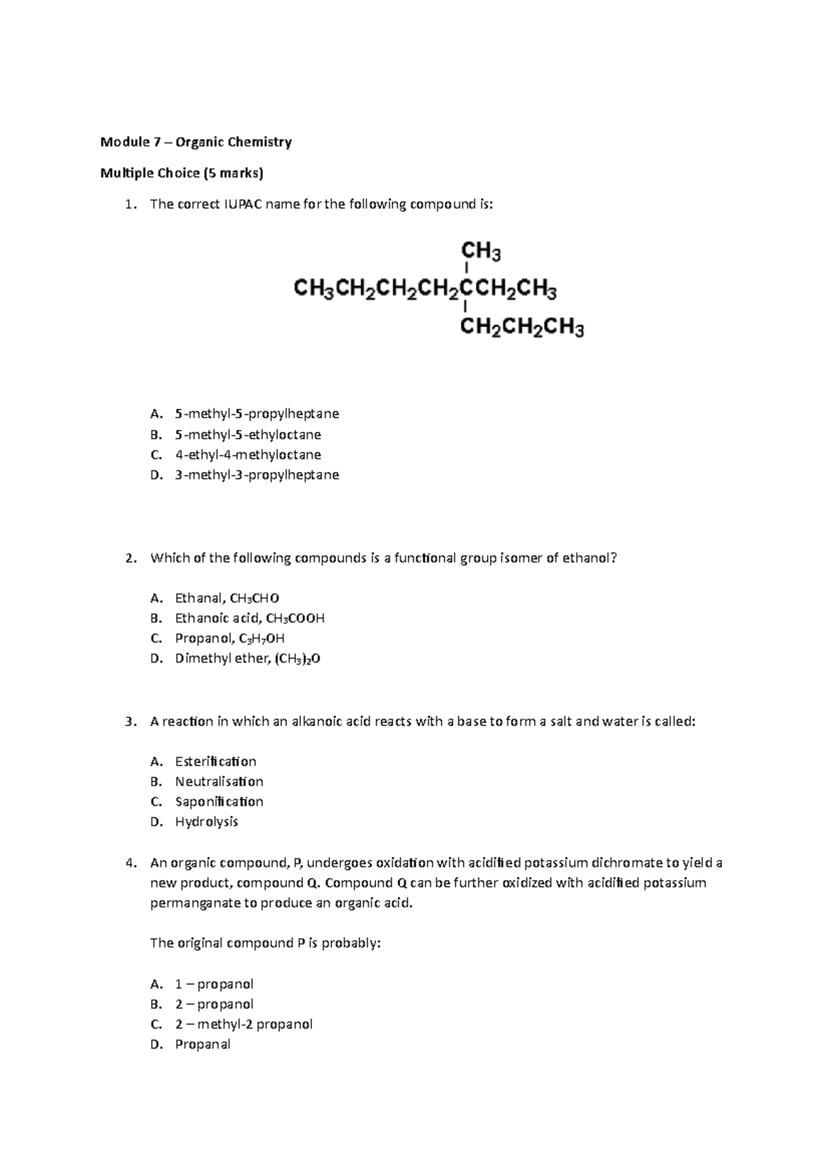 2019 Module 7 JH-1 - Practice questions - Module 7 – Organic Chemistry ...
