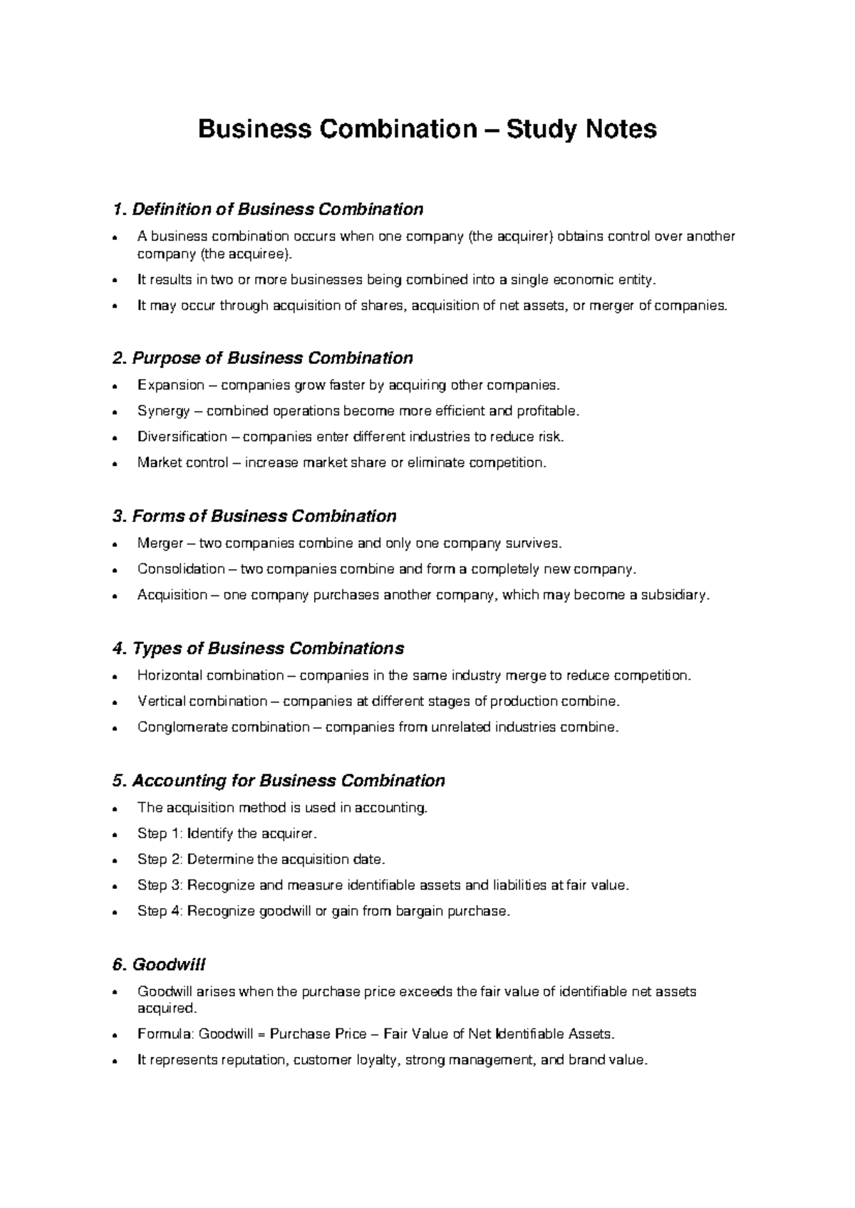 Business Combination Study Notes: Key Concepts & Accounting Methods ...