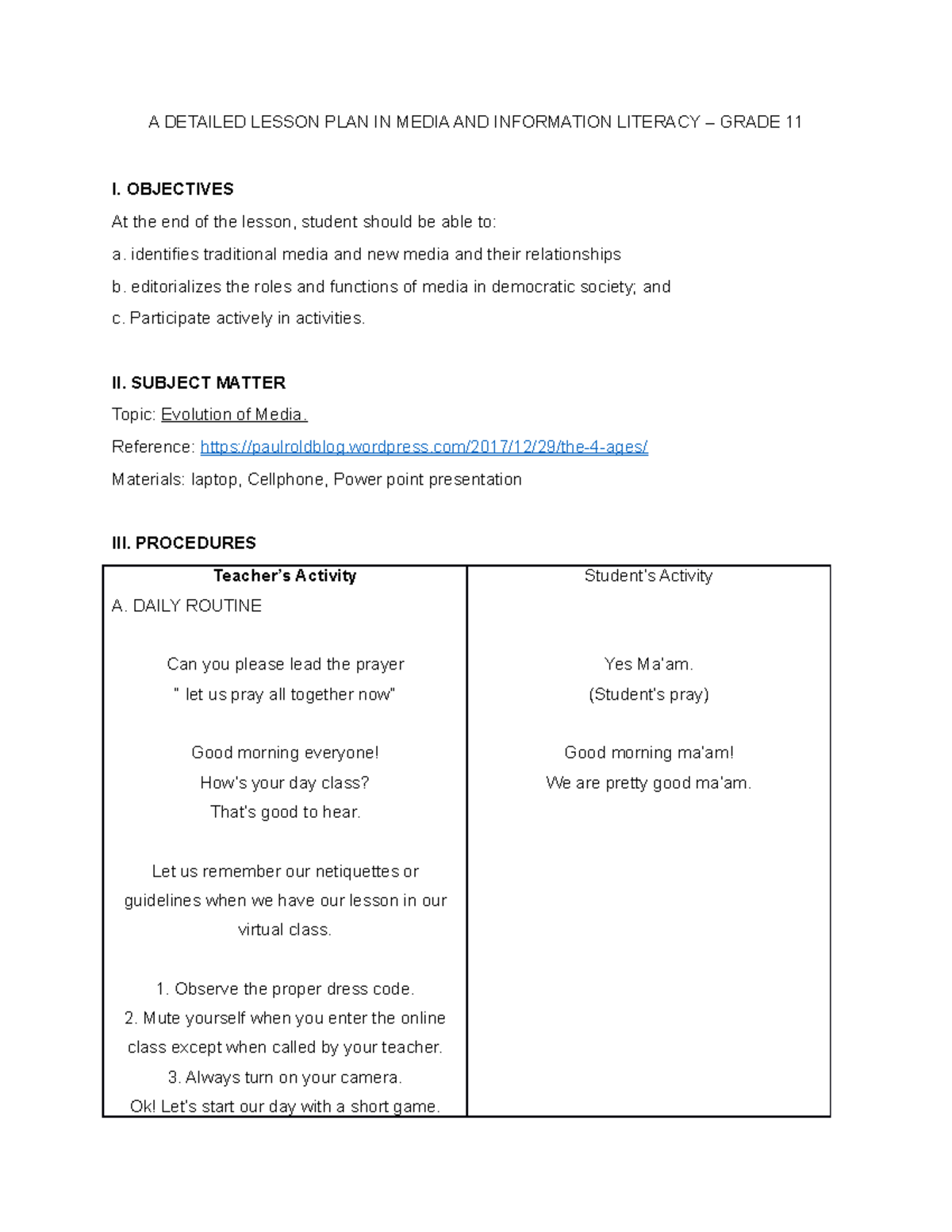 Detailed Lesson Plan in MIL (Grade 11): Evolution of Media - Studocu