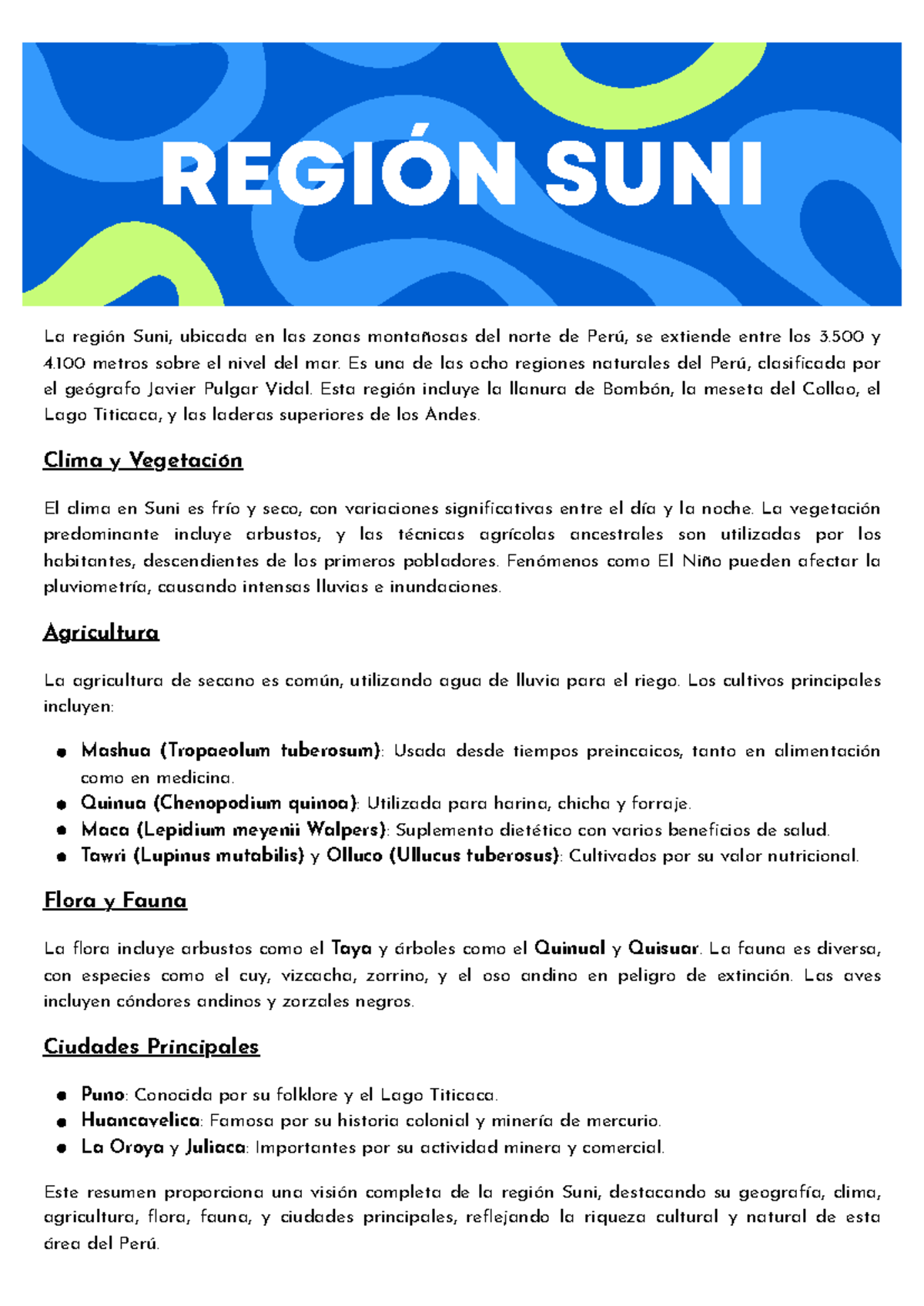 Resumen Geográfico y Ecológico de la Región Suni en Perú - Studocu