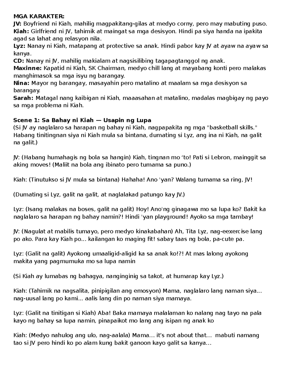 Filipino- Script - short dialogue - MGA KARAKTER: JV: Boyfriend ni Kiah ...