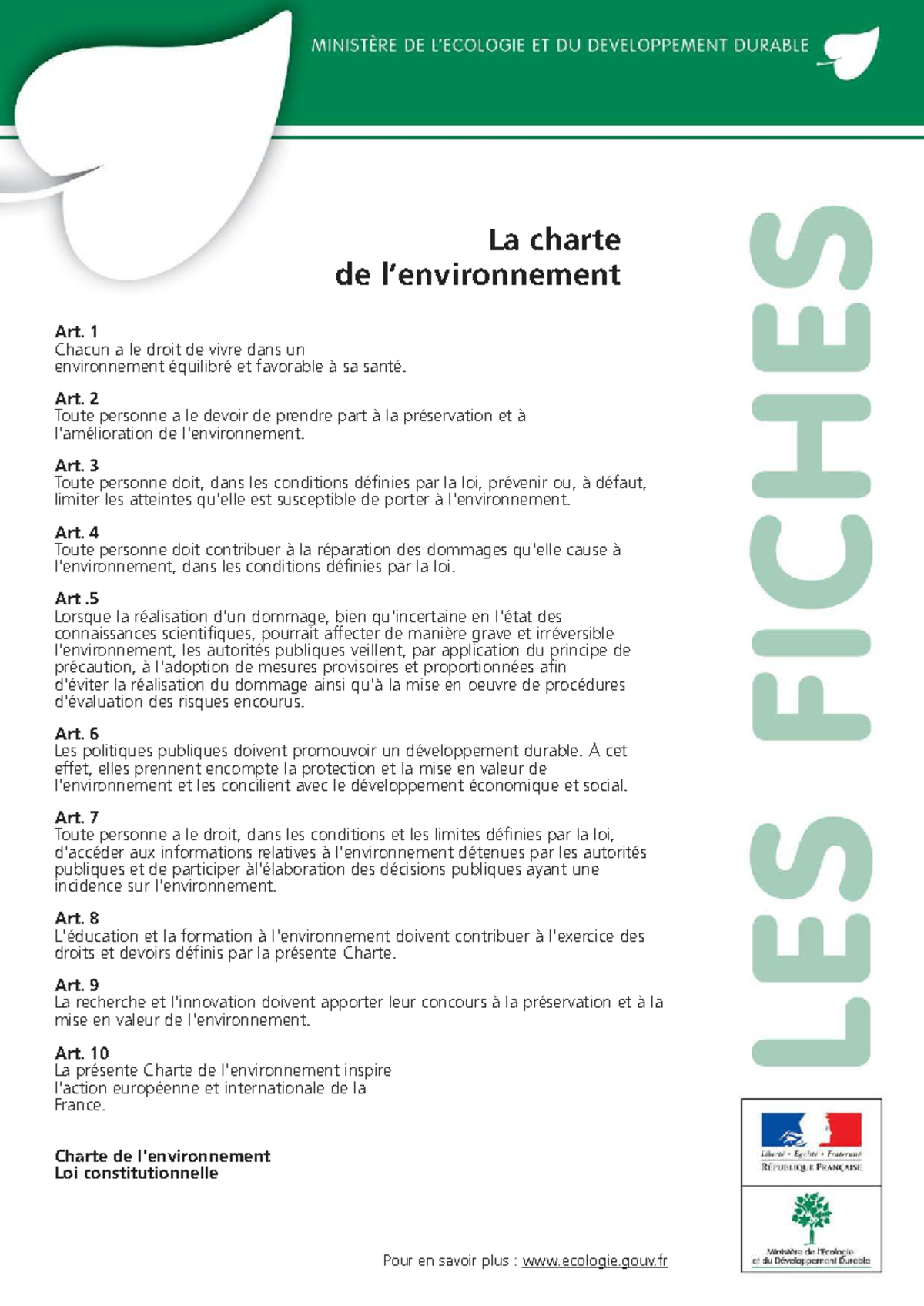 Charte de l'Environnement - Droits et Devoirs (Art. 1-10) - Studocu