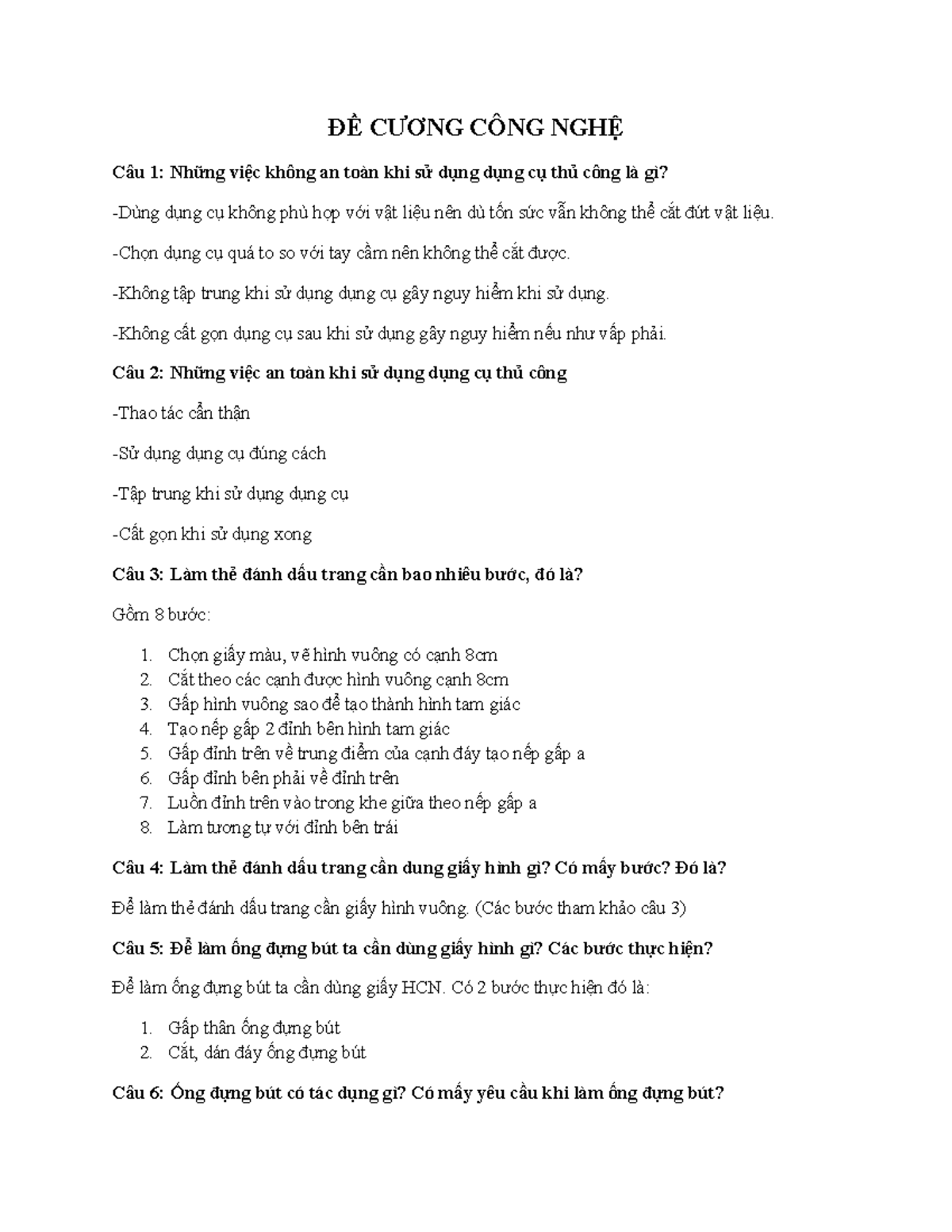 ĐỀ CƯƠNG CÔNG NGHỆ - Ôn Thi An Toàn Sử Dụng Dụng Cụ Thủ Công - Studocu