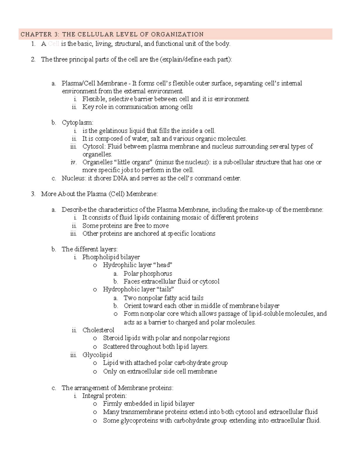 Chapter 3 Notes: The Cellular Level of Organization (BIOL 101) - Studocu
