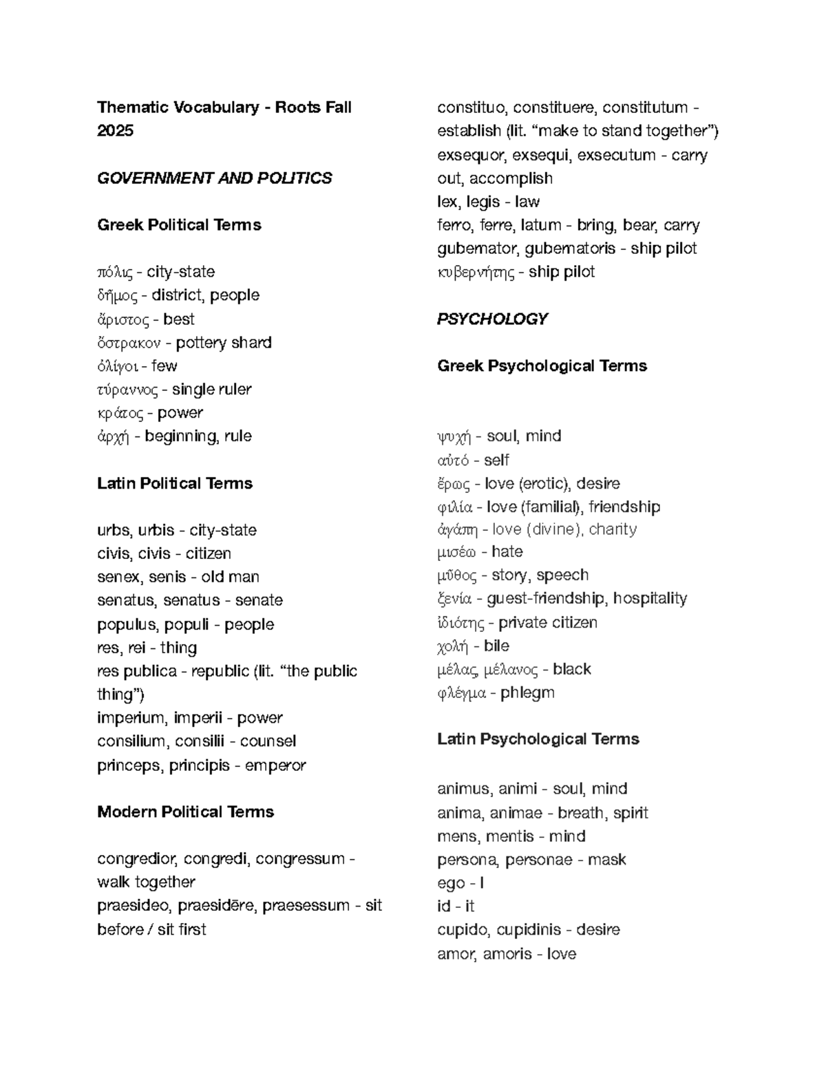 Thematic Vocabulary and Study Guide: Roots for GOVT & PSYCH Fall 2025 ...