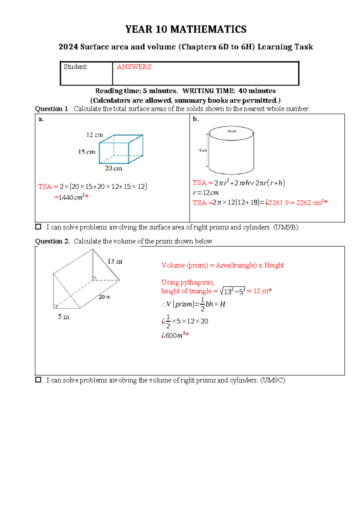 ANS 2024 Year 10 Learning Task: Surface Area & Volume (Ch 6D-6H) - Studocu