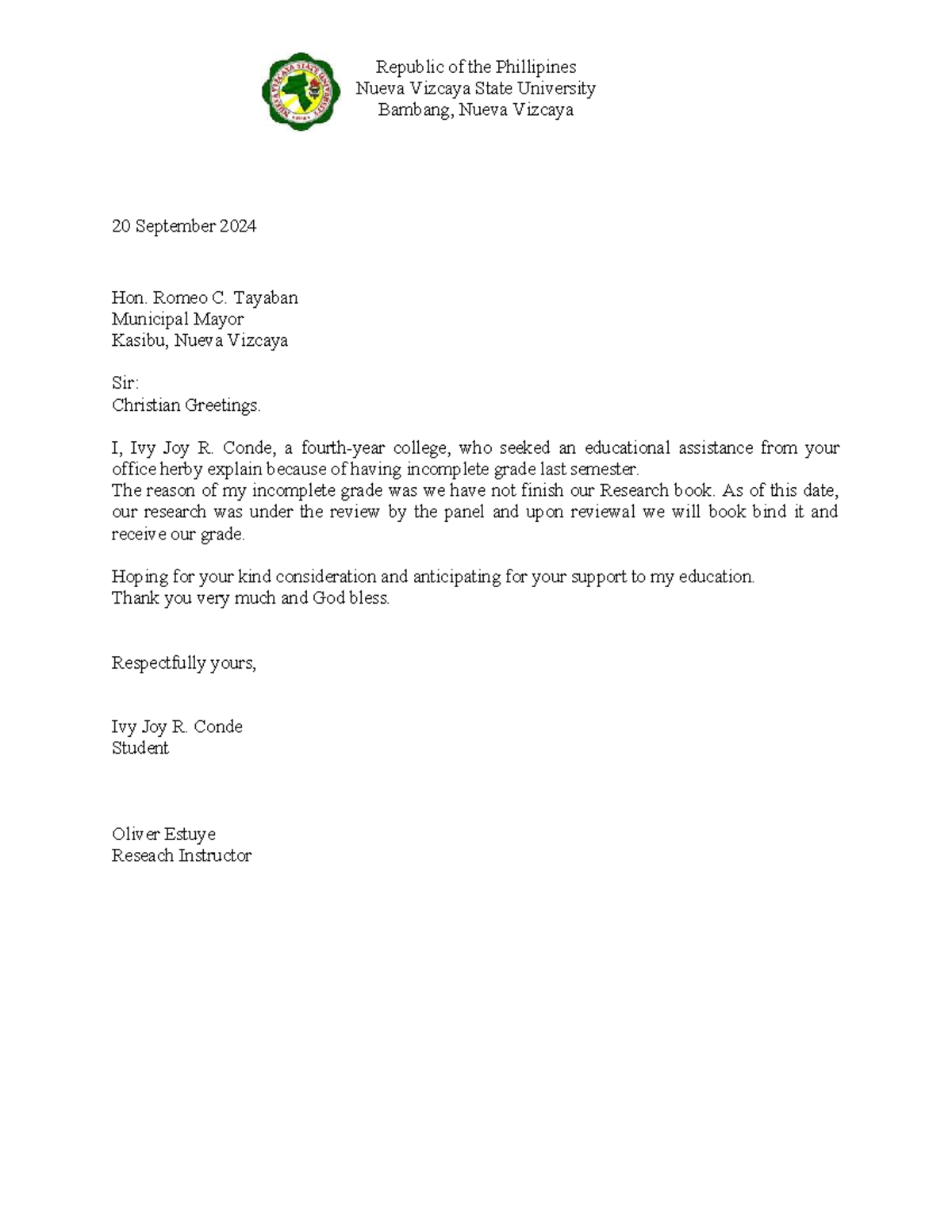 Request for Educational Assistance - Ivy Joy R. Conde - Studocu