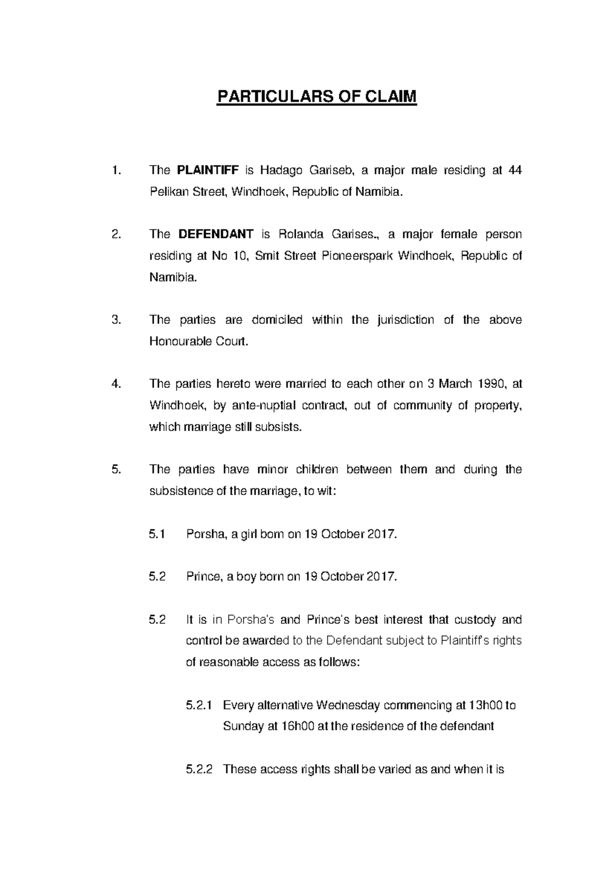 Particulars of Claim - Divorce Case Study (Civil Procedure 2019) - Studocu