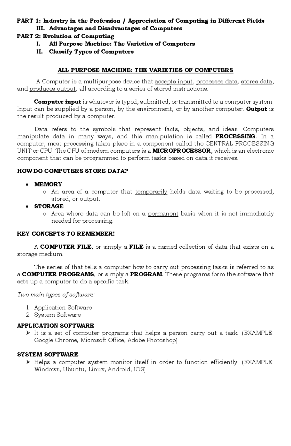 BCC ITTB Part 1: Overview of Computing Evolution and Types - Studocu