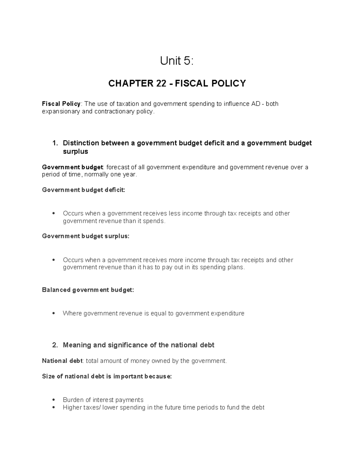 Unit 5: CHAPTER 22-24 FISCAL, MONETARY & SUPPLY SIDE POLICY Notes - Studocu