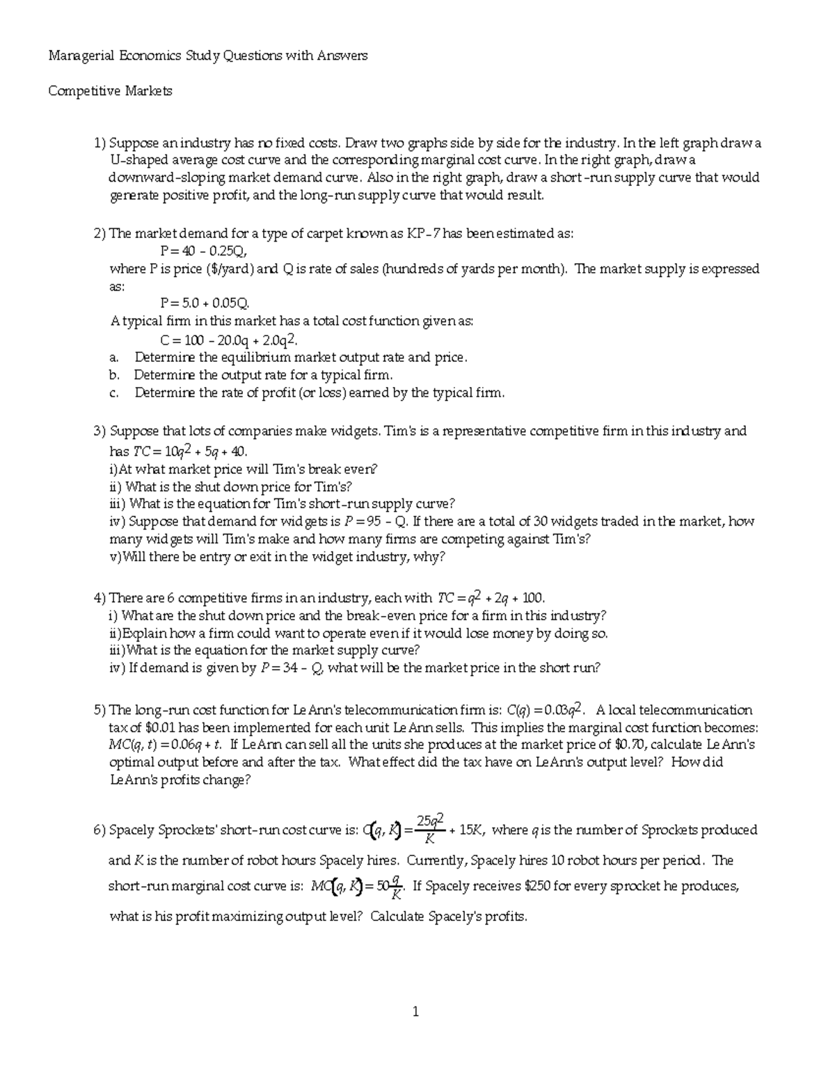 Managerial Economics Study Questions & Answers (6500_COMPETITIVE ...