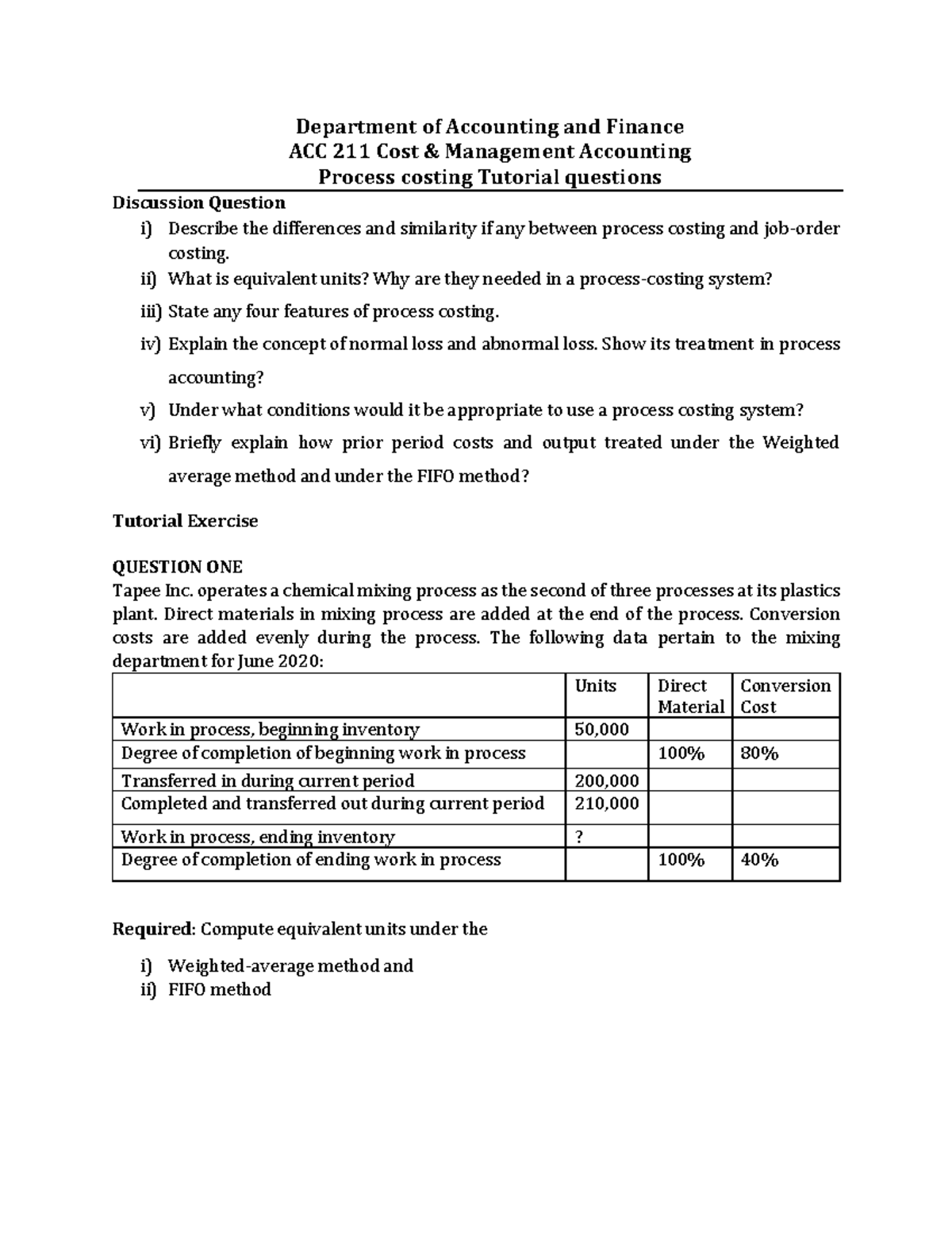 Process Costing Tutorials for ACC 211: Key Concepts & Exercises - Studocu