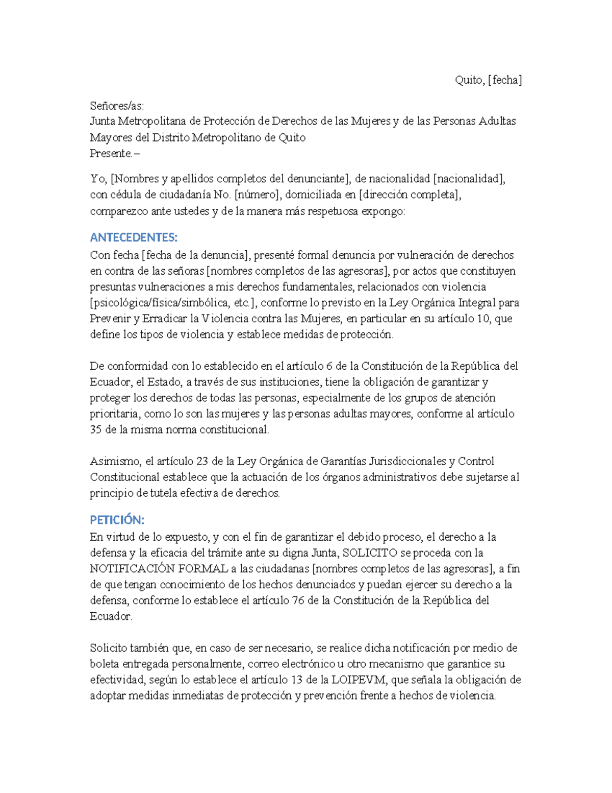 Solicitud de Notificación Formal a la Junta Metropolitana de Quito ...