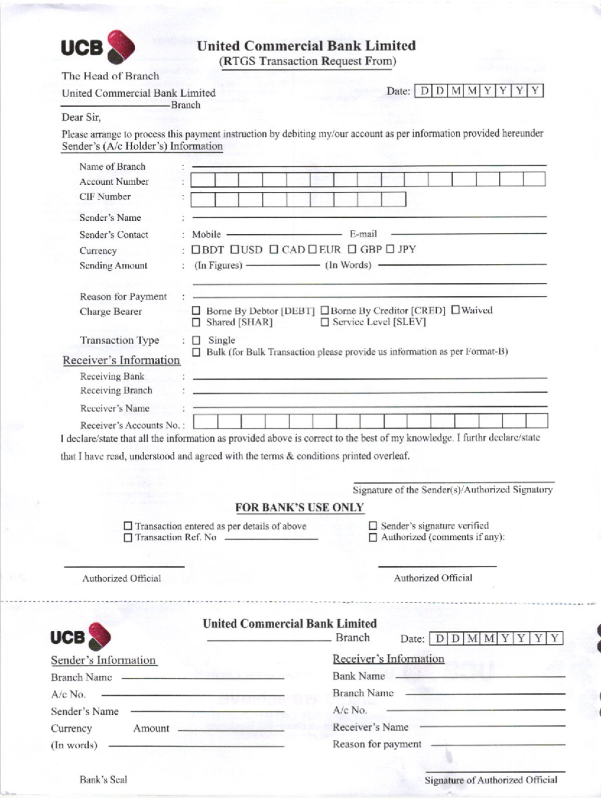RTGS Transaction Request Form - UCB Branch Documentation - Studocu