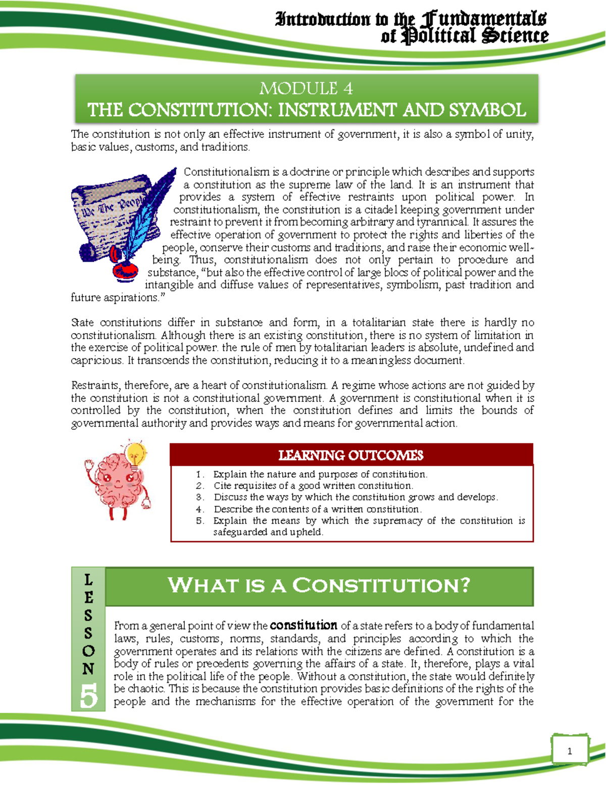 Module 4 The Constitution - of Political Science LEARNING OUTCOMES 1 ...