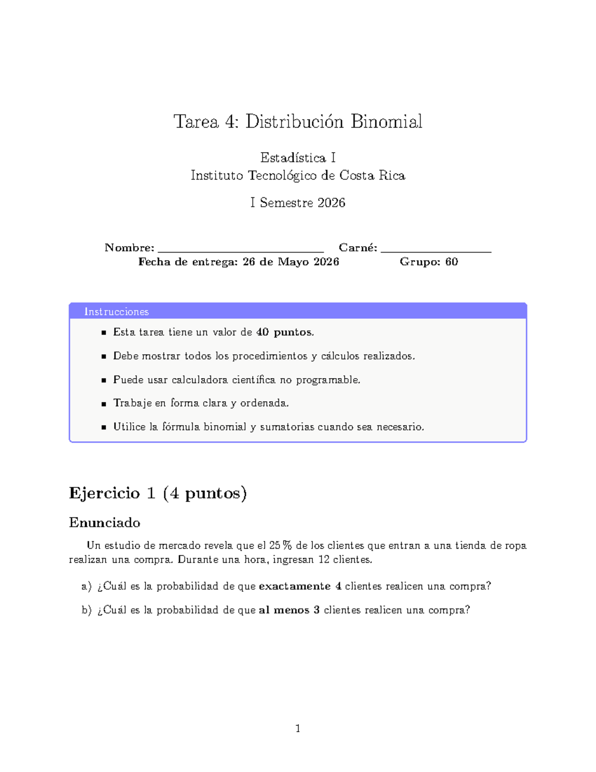 Tarea 4: Distribución Binomial - Estadística I (Sem 2026) - Studocu