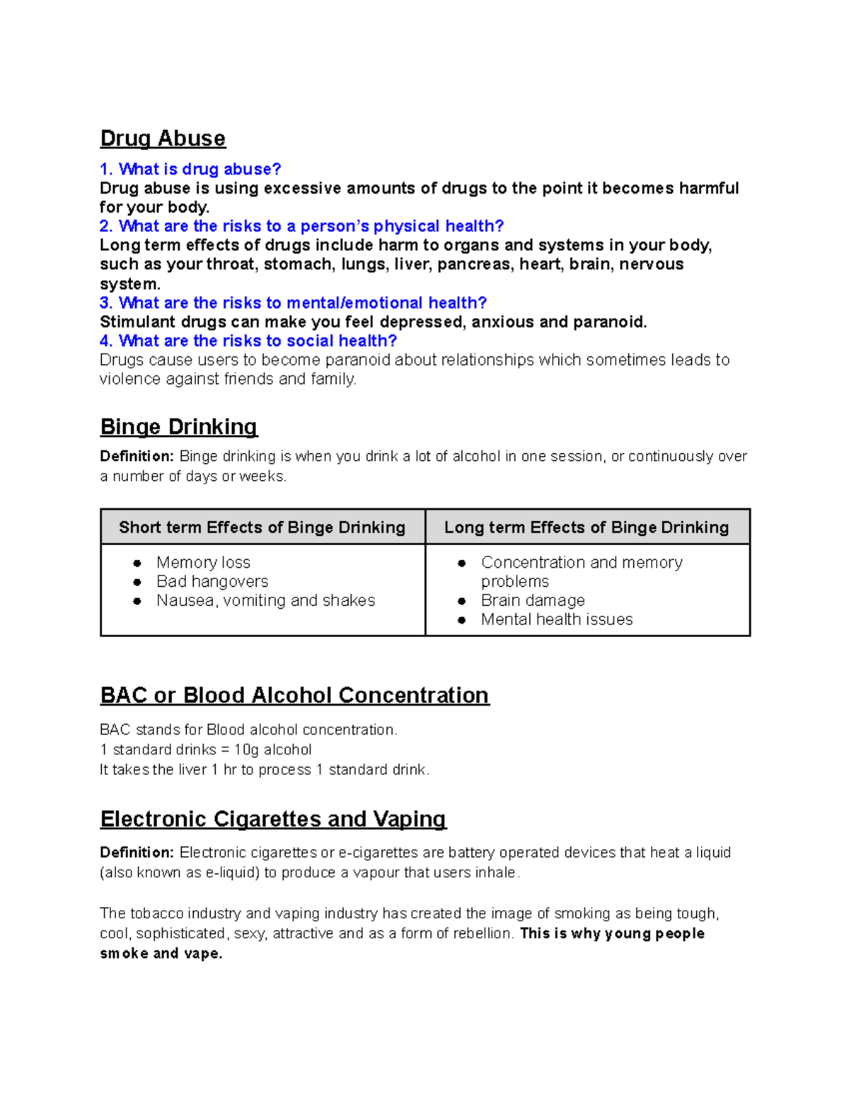 PDHPE Revision: Understanding Drug Abuse and Binge Drinking - Studocu