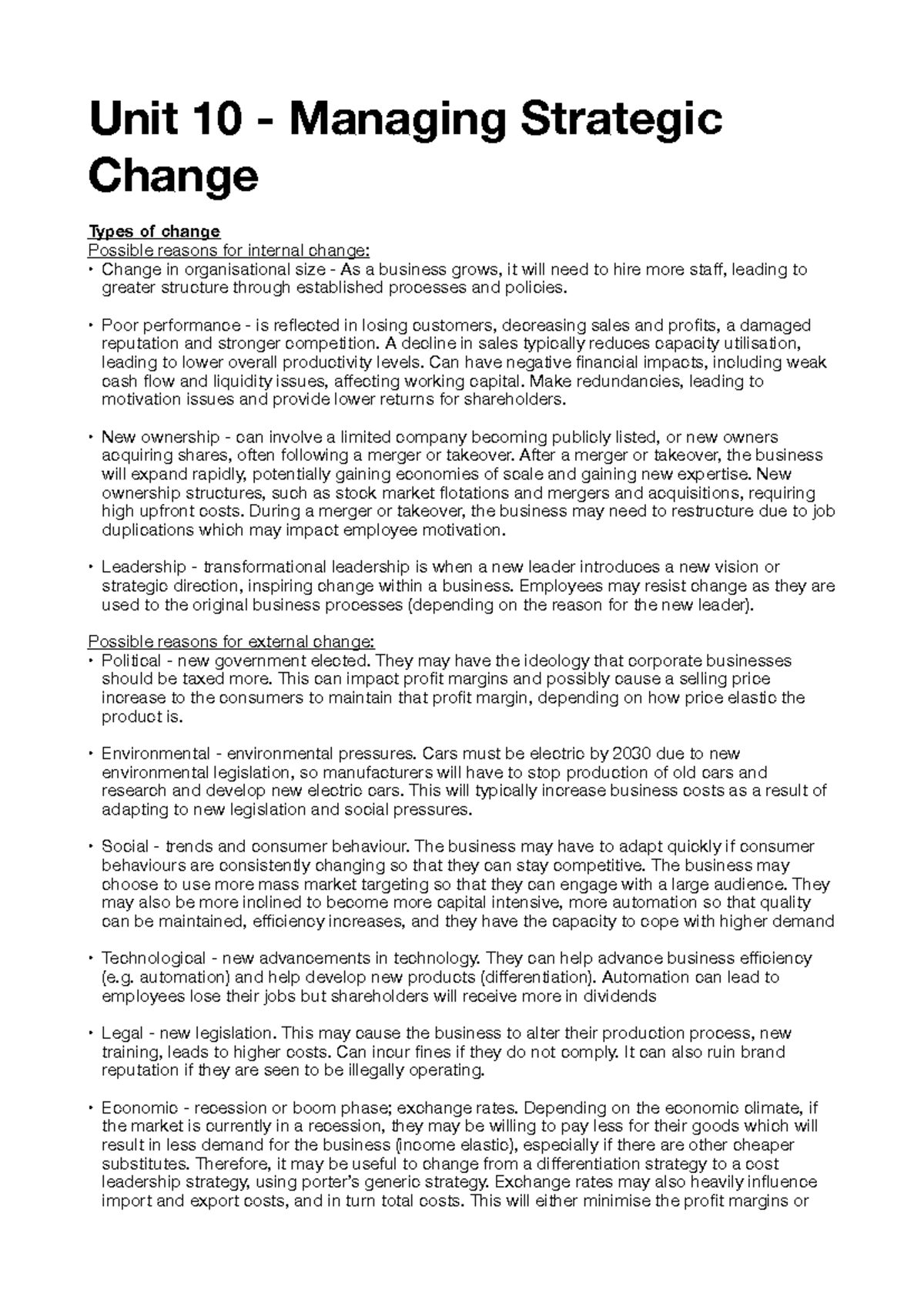 Unit 10 - Managing Strategic Change: Types, Reasons, and Impacts - Studocu