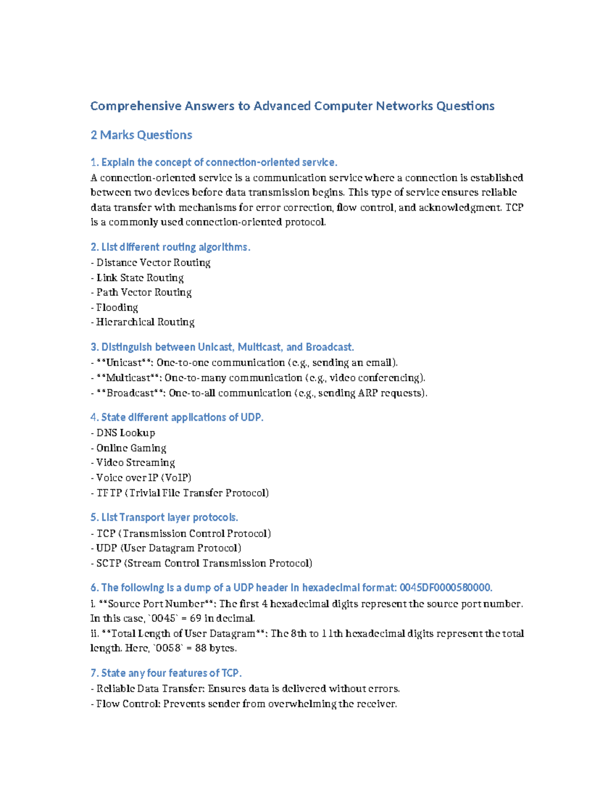 Advanced Computer Network Complete Answers Comprehensive Answers To