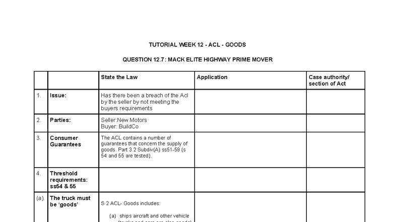 LLB204 - Tutorial Week 12: ACL Goods Breach Analysis - Studocu