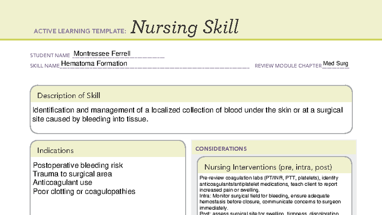 ACTIVE LEARNING TEMPLATE: Nursing Skill A9 - Hematoma Formation - Studocu