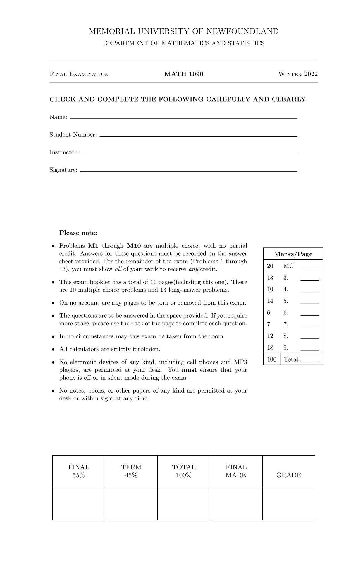 Math 1090 Winter 2022 Final Exam - MEMORIAL UNIVERSITY OF NEWFOUNDLAND ...