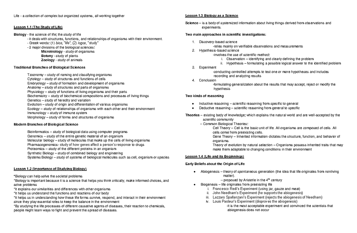 Pdfcoffee - Life - a collection of complex but organized systems, all working together Lesson 1 ...