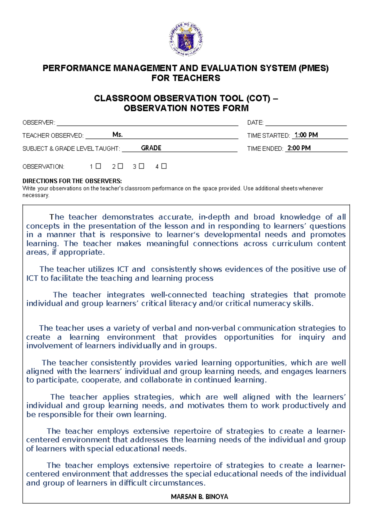 PMES COT Observation Notes for Teacher Evaluation - Studocu