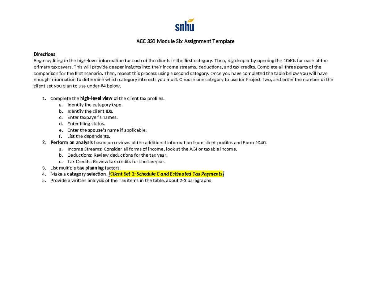 ACC 330 Module Six Tax Profile Analysis and Comparison Report - Studocu