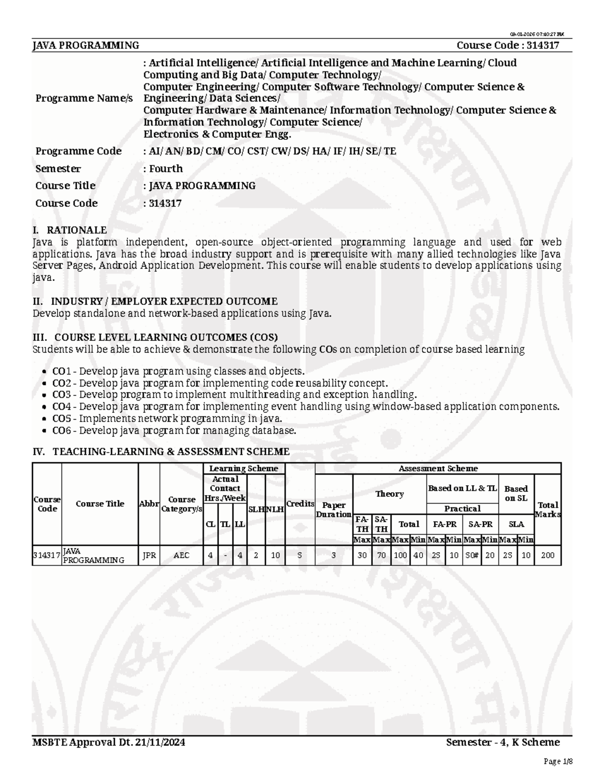 314317 JAVA PROGRAMMING Course Overview and Learning Outcomes - Studocu