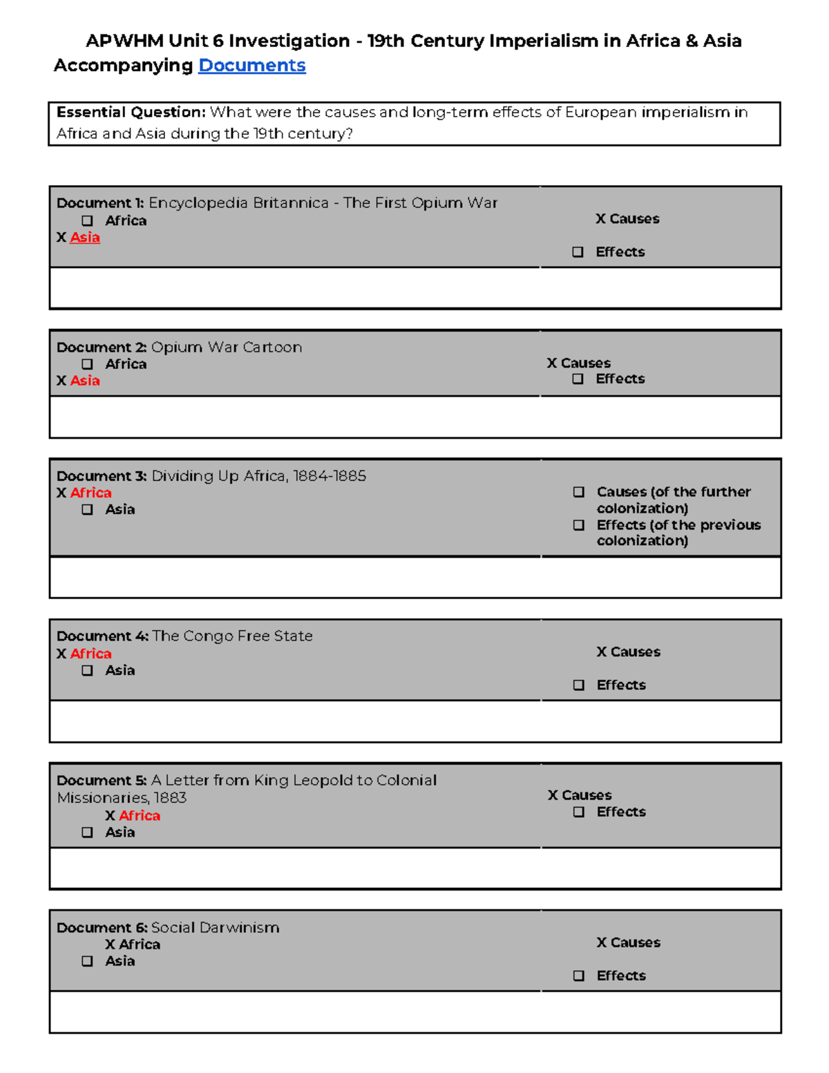 APWHM Unit 6 Student Handout: 19th Century Imperialism in Africa & Asia ...
