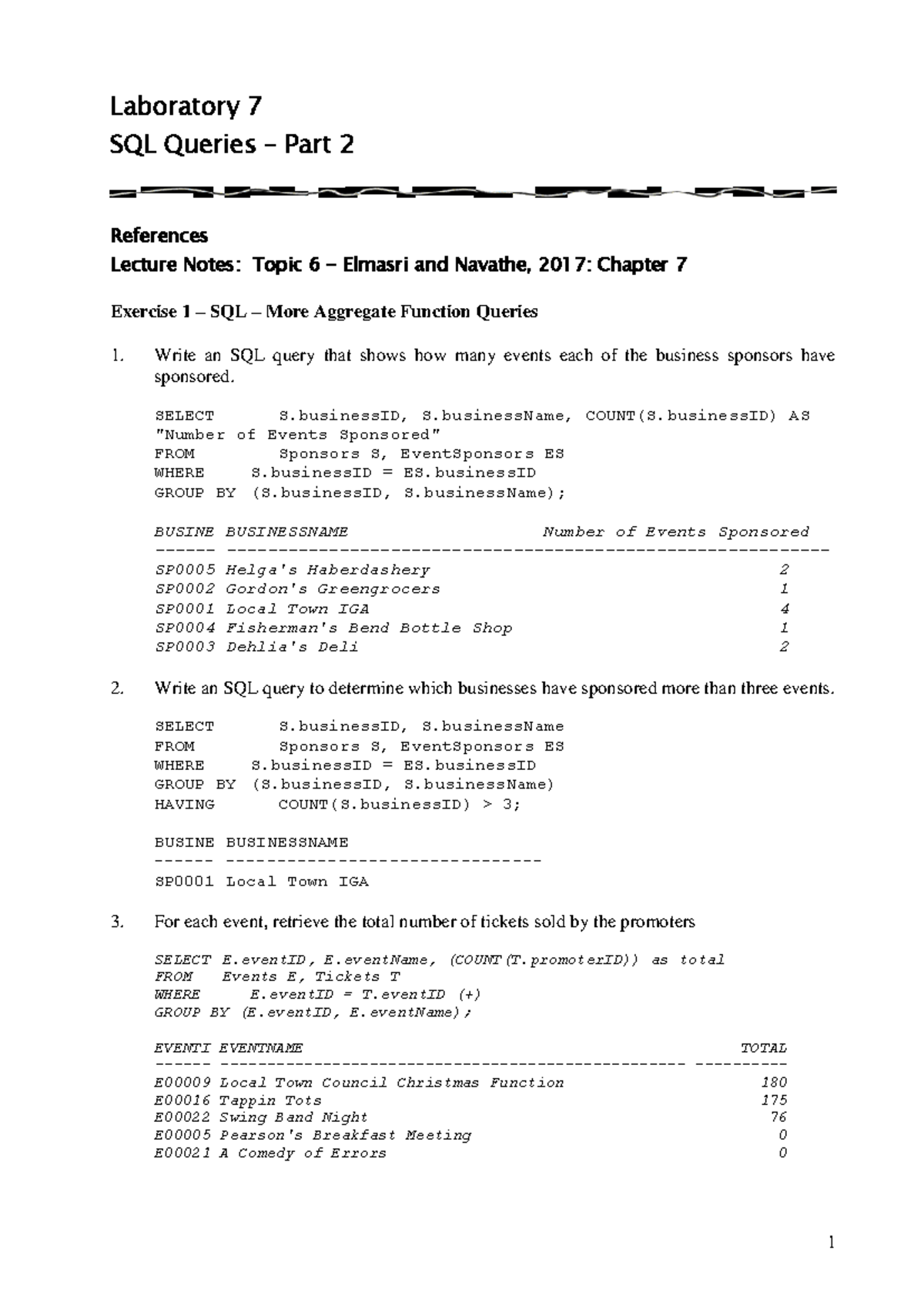 Lab 7 Solutions - Lab Classes - Laboratory 7 SQL Queries – Part 2 ...