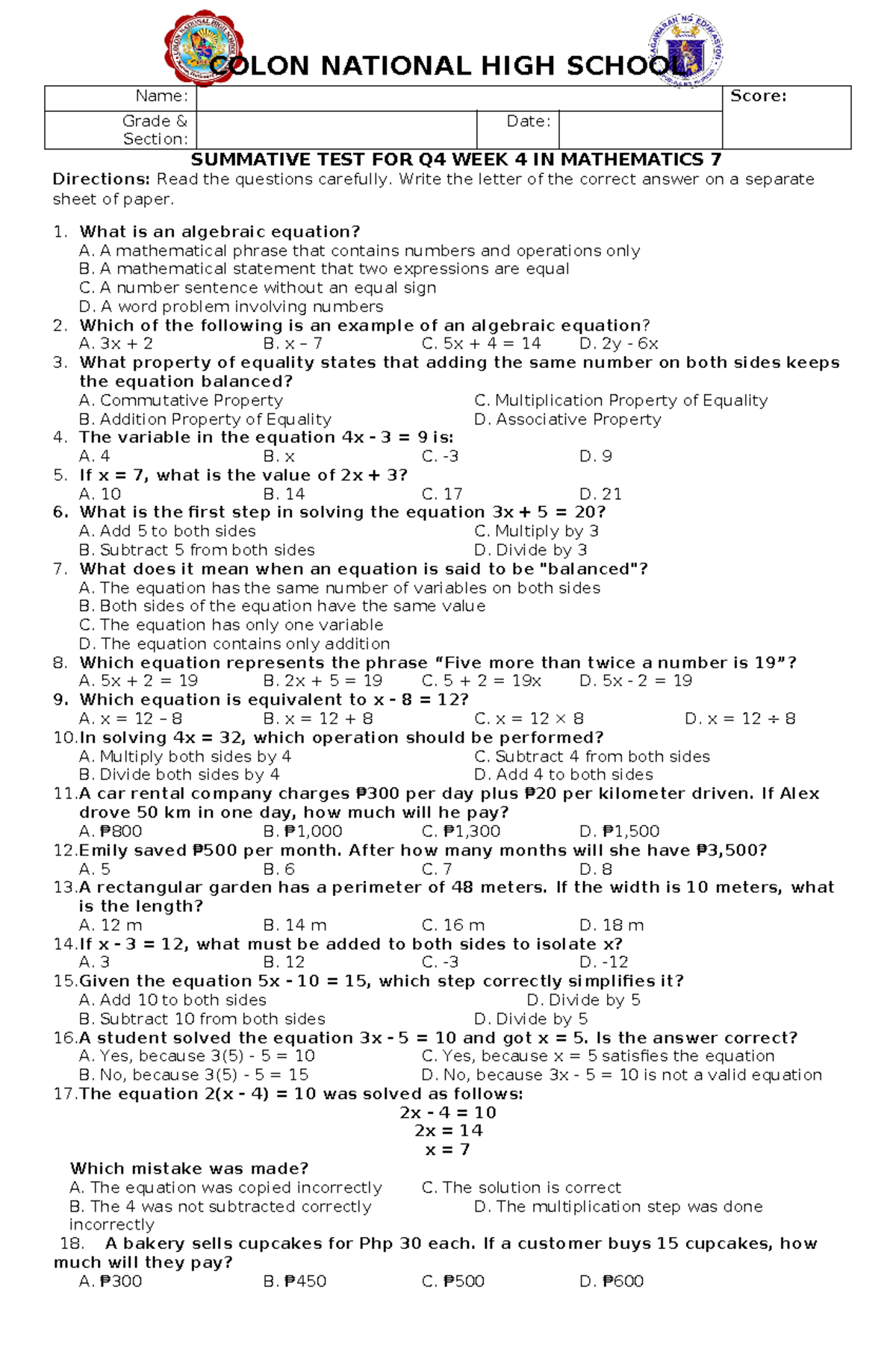 Summative Q4 WEEK 4 - MATH 7 - COLON NATIONAL HIGH SCHOOL Name: Score ...