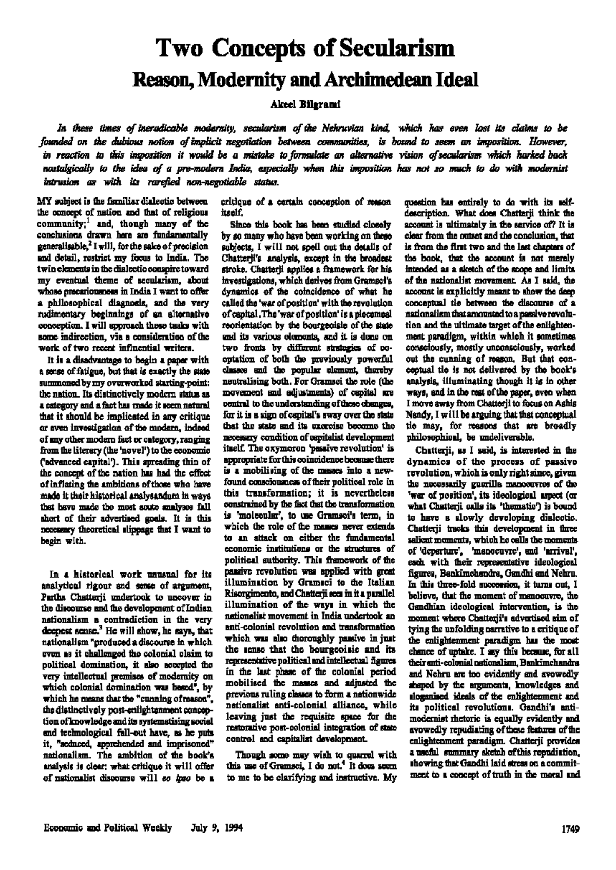 A. Bilgrami, (1999) ‘Two Concepts of Secularism - Two Concepts of ...