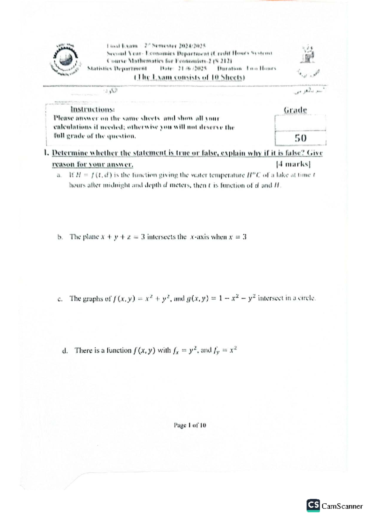 S212 - Final Exam Mathematics for Economists Spring 2025 - Studocu