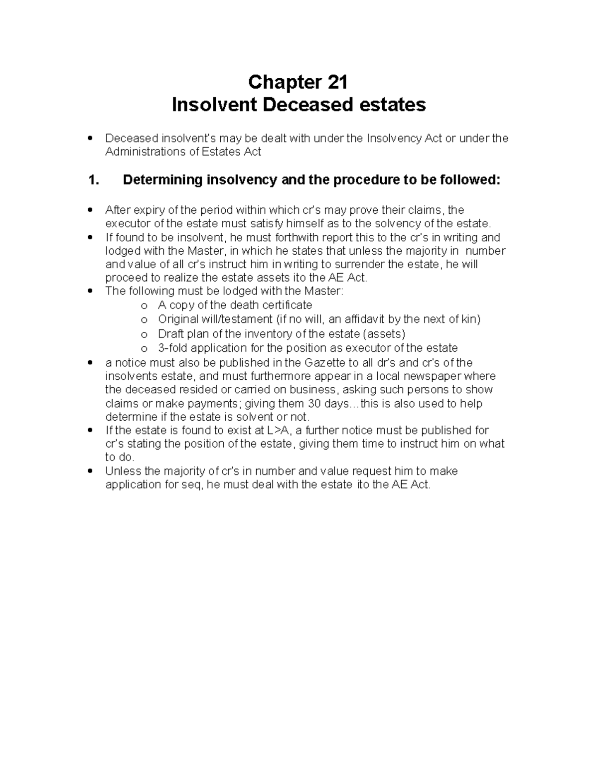 Chapter 21: Insolvent Deceased Estates Under the Insolvency Act - Studocu