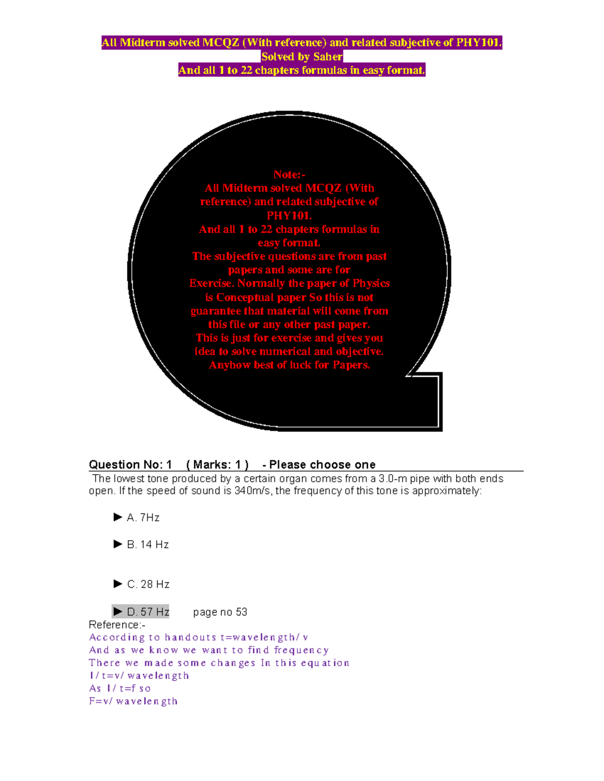 PHY101-Midterm Formulas & Solved MCQs for Chapters 1-22 - Studocu